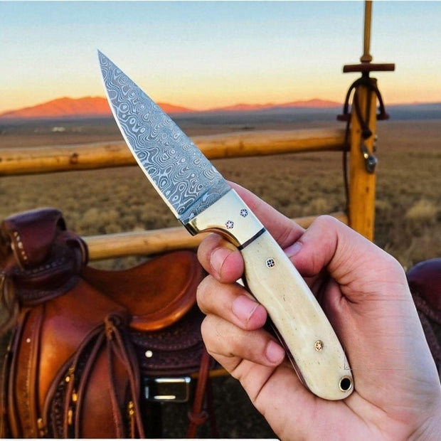 Rustic Cowboy Knife: Hand Forged Damascus Steel with Bone Handle – CCK